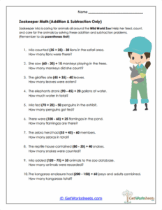 Zookeeper Math Adventures Worksheet - Addition and Subtraction Practice