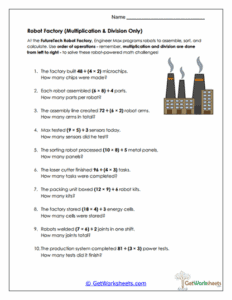 Robot Factory Math Worksheet - Multiplication and Division Word Problems