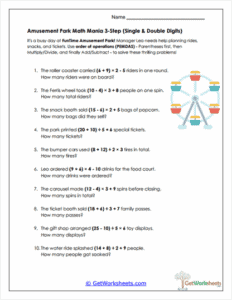 Amusement Park Math Mania Worksheet - 3-Step Word Problems