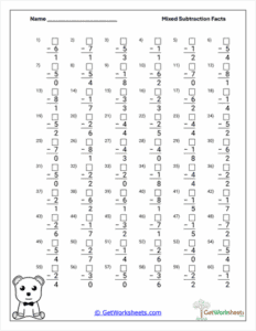 Take Away Facts Review Worksheet - Building Automatic Subtraction Recall