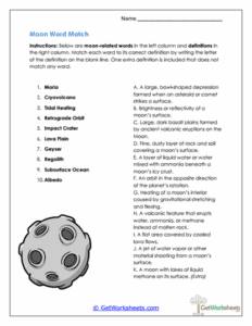 Moon Word Match Worksheet - Lunar Geology Vocabulary