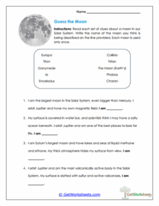 Guess the Moon Worksheet - Deductive Reasoning in Astronomy