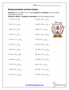 Quotient Quest Worksheet - Missing Quotients and Remainders