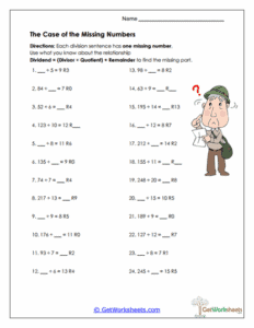 Mystery Math Files Worksheet - Missing Numbers in Division