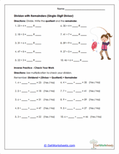 Remainder Practice Worksheet - Single-Digit Division Skills