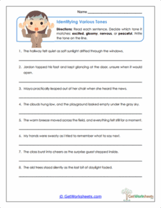 Tone Identifier Worksheet - Analyzing Mood in Sentences