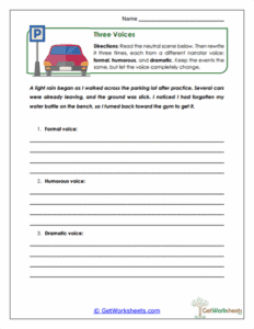 Three Voice Rewrite Worksheet - Exploring Narrative Style