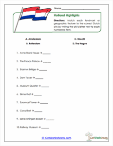 Holland Landmarks Match Worksheet - Geography & Mapping Skills