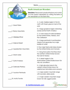 Wonder Match Worksheet - North America Physical Geography