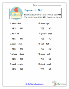Yes or No Worksheet - Deciding If Words Rhyme