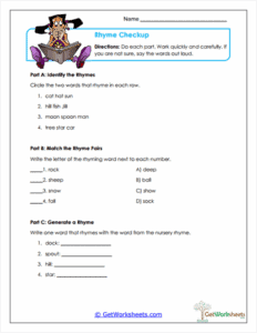 Quick Check Worksheet - Review and Practice with Rhyming Skills