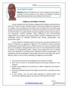 Indigenous Land Rights Worksheet - Aboriginal & Māori Movements