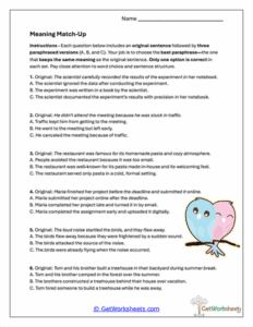 Meaning Match-Up Worksheet - Paraphrasing Accuracy