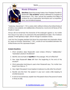 Words of Resolve Worksheet - Analyzing a Historic Speech