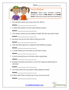 Touch Choices Worksheet - Personal Safety & Boundaries