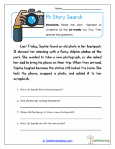 Story Search Worksheet - PH Words in Reading