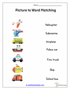 Picture to Word Matching Worksheets - GetWorksheets.com