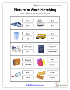 Picture to Word Matching Worksheets - GetWorksheets.com