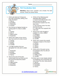 Plot Vocabulary Quiz Worksheet - Narrative Terms Review