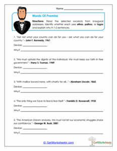 Inaugural Speech Analysis Worksheet - Rhetorical Devices