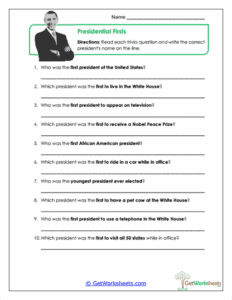 Presidential Firsts Quiz Worksheet - U.S. History Trivia