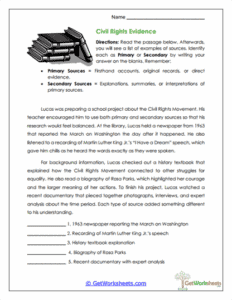 Civil Rights Source Types Worksheet - Primary vs. Secondary Evidence