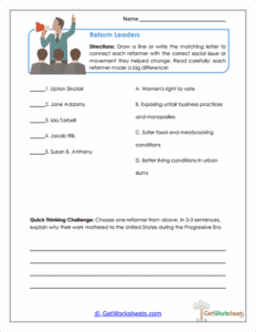 Reform Leaders Worksheet - Progressive Era Social Change