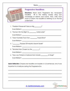 Progressive Headlines Worksheet - Reform Era Recall