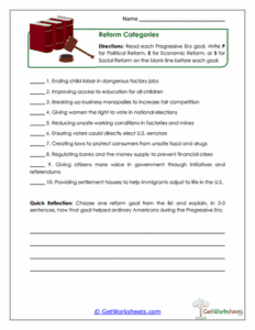 Reform Categories Worksheet - Progressive Era Analysis
