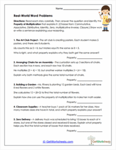 Math in Action Worksheet - Multiplication Properties Word Problems