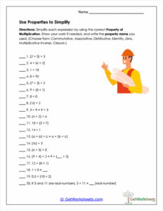Simplify Smart Worksheet - Using Multiplication Properties