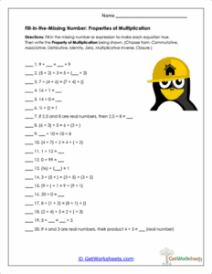 Property Puzzle Worksheet - Missing Numbers and Multiplication Rules