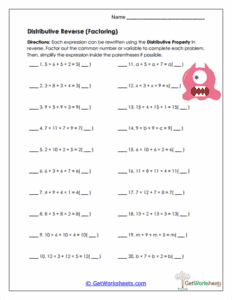 Factoring Fun Worksheet - Distributive Property Reverse Practice