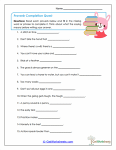 Proverb Completion Quest Worksheet - Figurative Language & Meaning