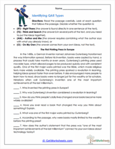 Identifying QAR Types Worksheet - Reading Comprehension Strategies