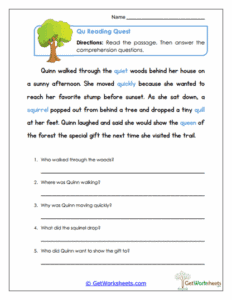 Reading Quest Worksheet - QU Words and Comprehension