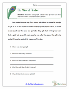 Word Finder Worksheet - QU Words in Context