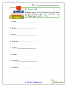 Sound Sort Worksheet - QU Sound Position