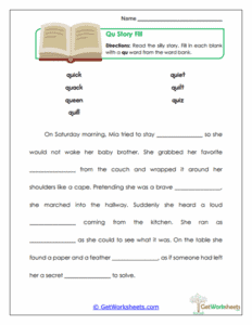 Story Fill Worksheet - QU Words in Context