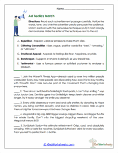 Ad Tactics Match Worksheet - Persuasive Techniques in Advertising