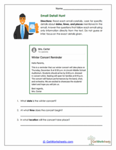 Email Detail Hunt Worksheet - Reading for Exact Information