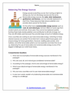Renewable and Nonrenewable Energy Sources Worksheets