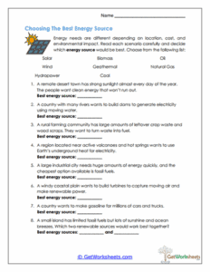 Renewable and Nonrenewable Energy Sources Worksheets