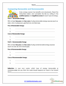 Renewable and Nonrenewable Energy Sources Worksheets