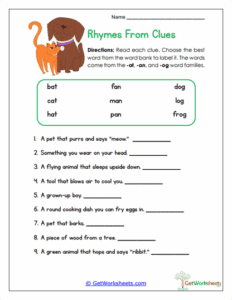 Rhymes From Clues Worksheet - Word Family Application