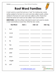 Root Word Builders Worksheet - Word Families & Suffixes
