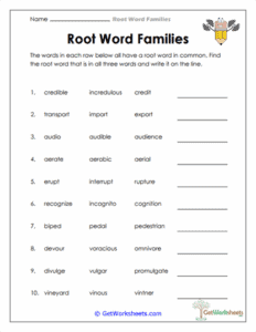 Root Word Families Worksheets - GetWorksheets.com