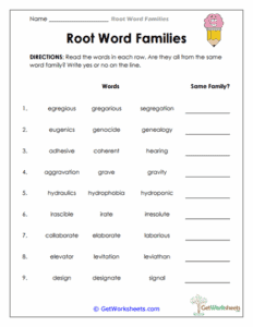 Word Family Check Worksheet - Root Analysis & Vocabulary