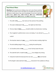 Root Fillers Worksheet - Context-Based Root Vocabulary