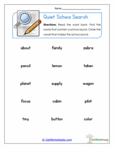 Quiet Schwa Search Worksheet - Schwa Sound Practice